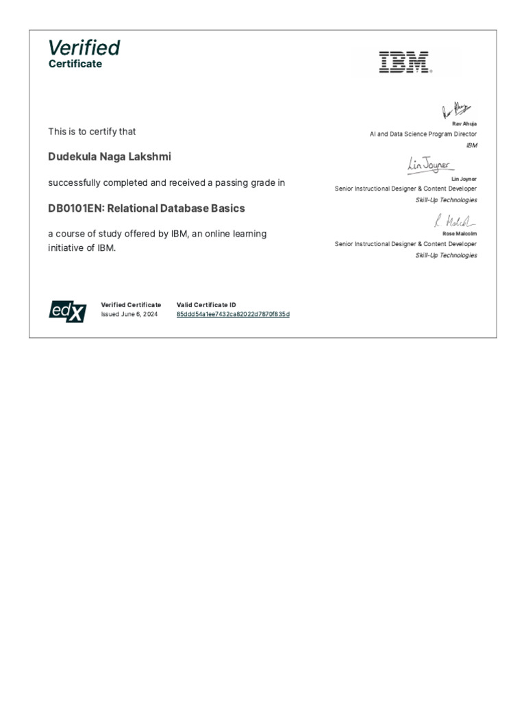 IBM DB0101EN Certificate - EdX | PDF