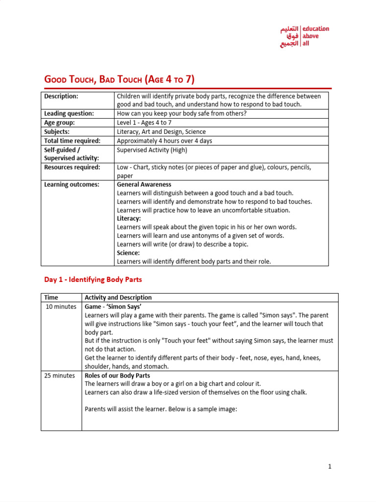 Good Touch, Bad Touch - Level 1 (Age 4 To 7) | PDF | Learning