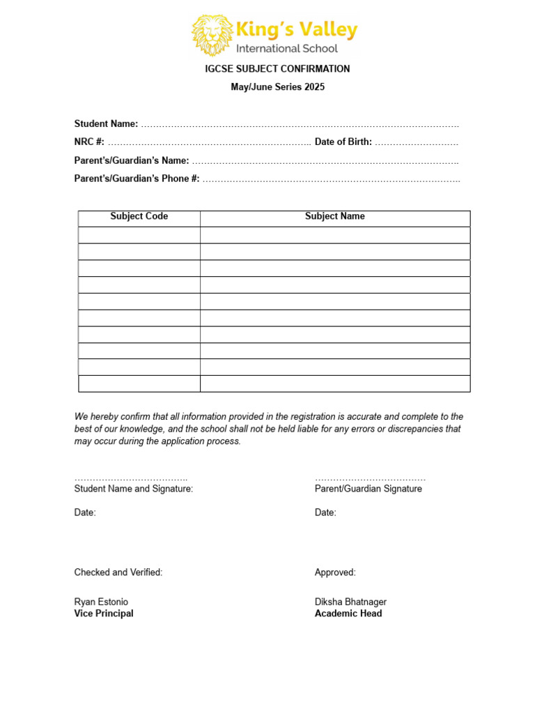 IGCSE SUBJECT CONFIRMATION LETTER - Exam Registration | PDF