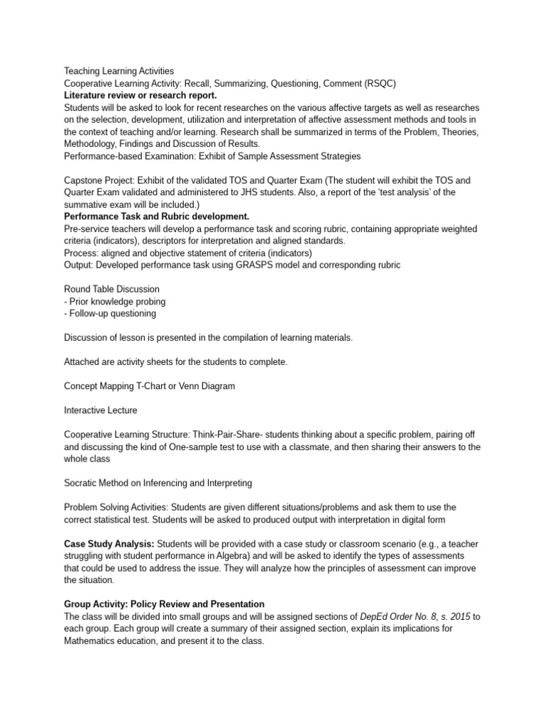 Teaching Learning Activities | PDF | Educational Assessment | Present Value