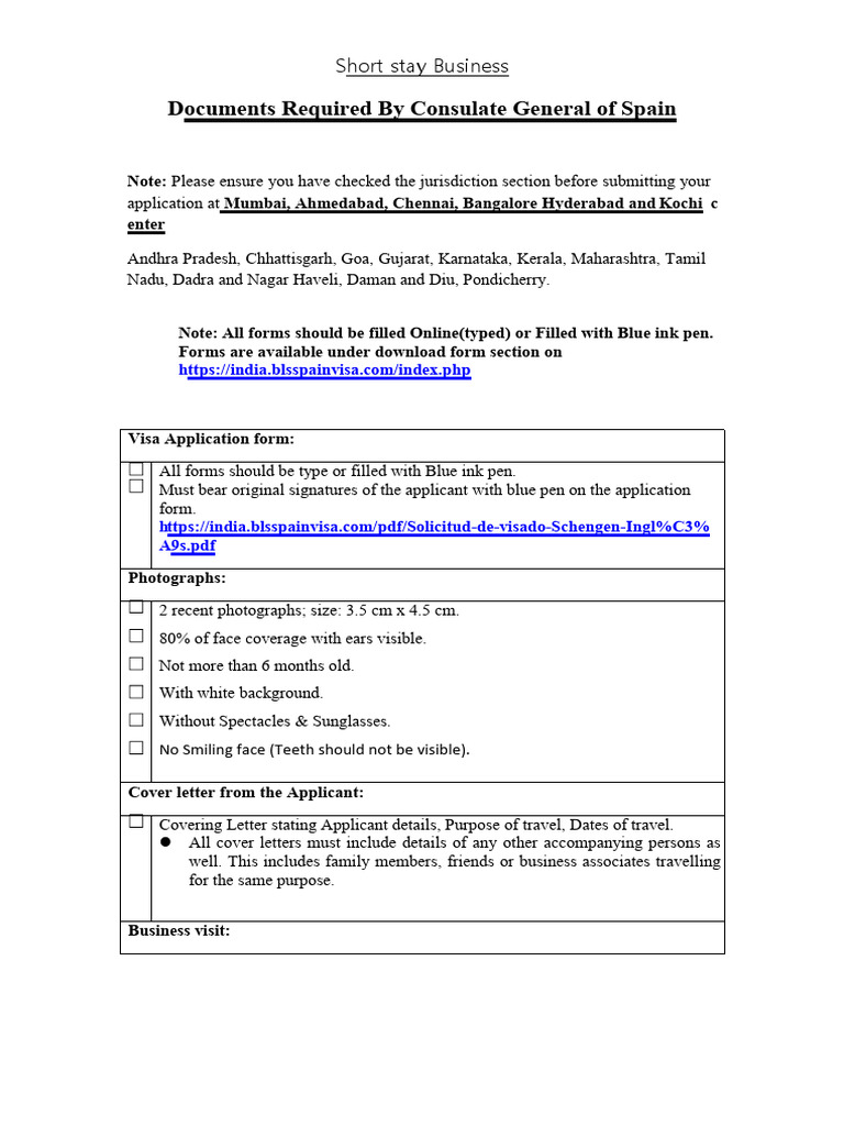 Spain Checklist for Mumbai | PDF | Travel Visa | Passport