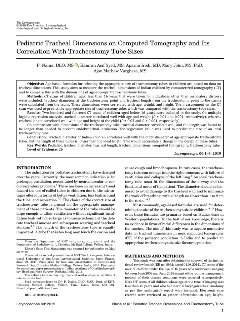 Pediatric Tracheal Dimensions On Computed Tomography and Its | PDF | Ct ...