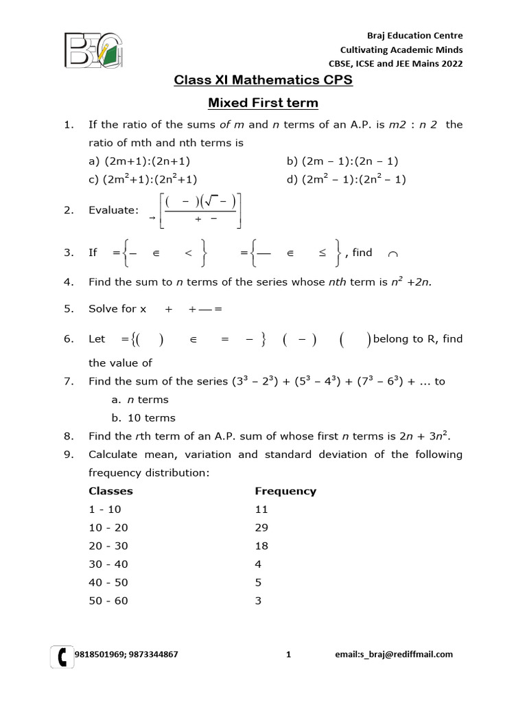Class XI Mathematics CPS Questions | PDF | Mathematics