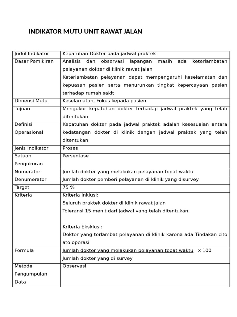 Kamus Indikator Mutu Unit Rawat Jalan 2022 | PDF