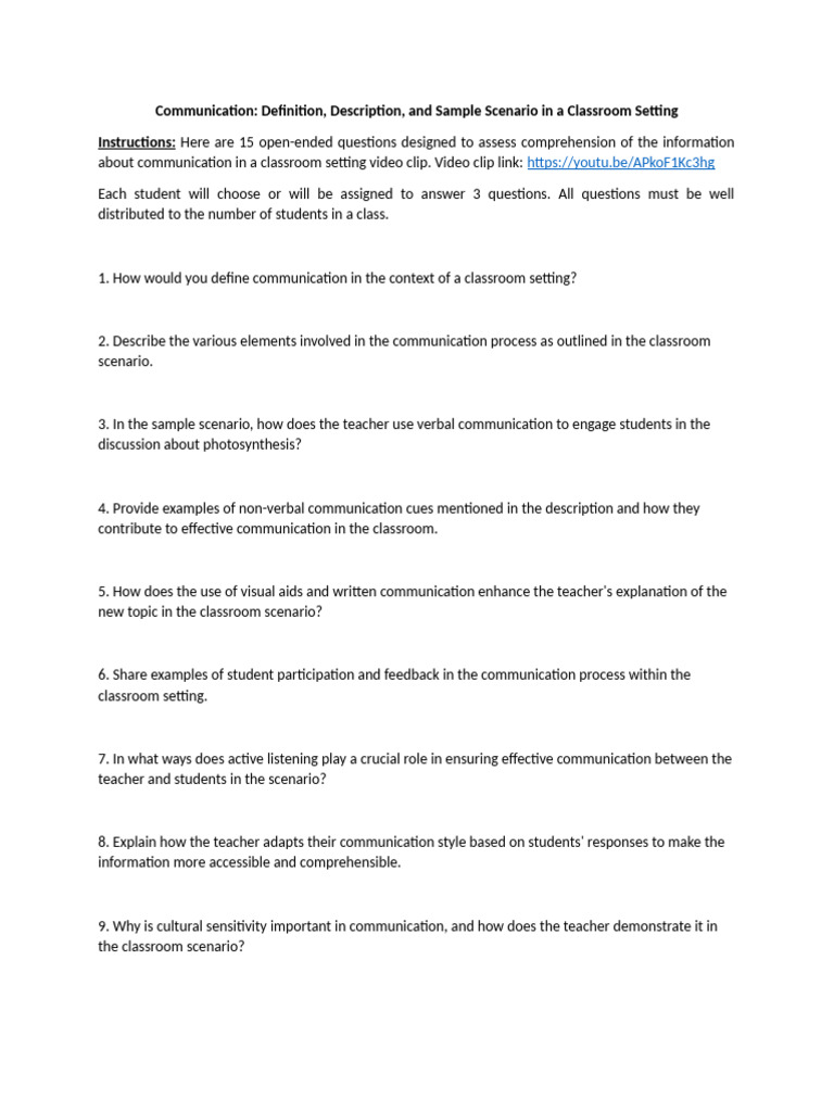 Communication Definition and Description 15 Questions Youtube Video | PDF | Communication | Teachers