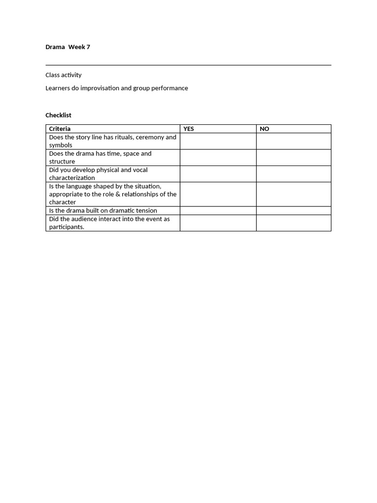 Drama Week 7: Improvisation Checklist | PDF