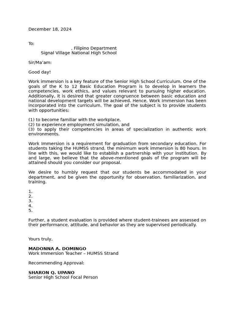 Work Immersion Letter for JHS | PDF | Curriculum | Teachers