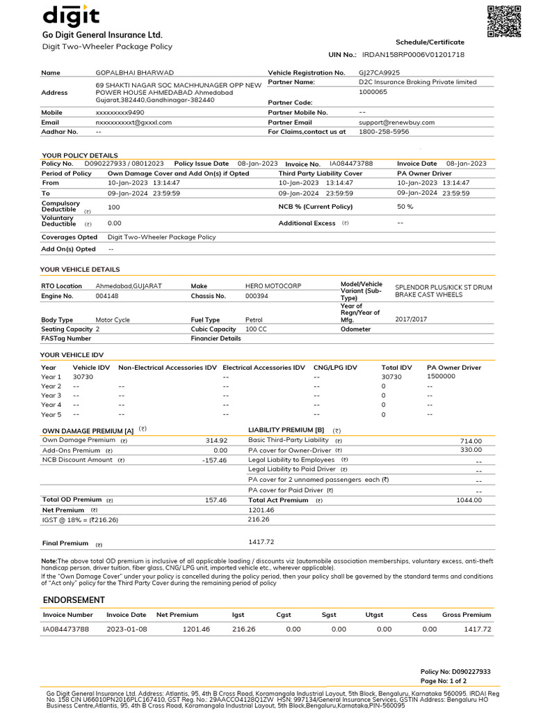Digit Two-Wheeler Package Policy: Go Digit General Insurance LTD | PDF | Insurance | Civil Law ...