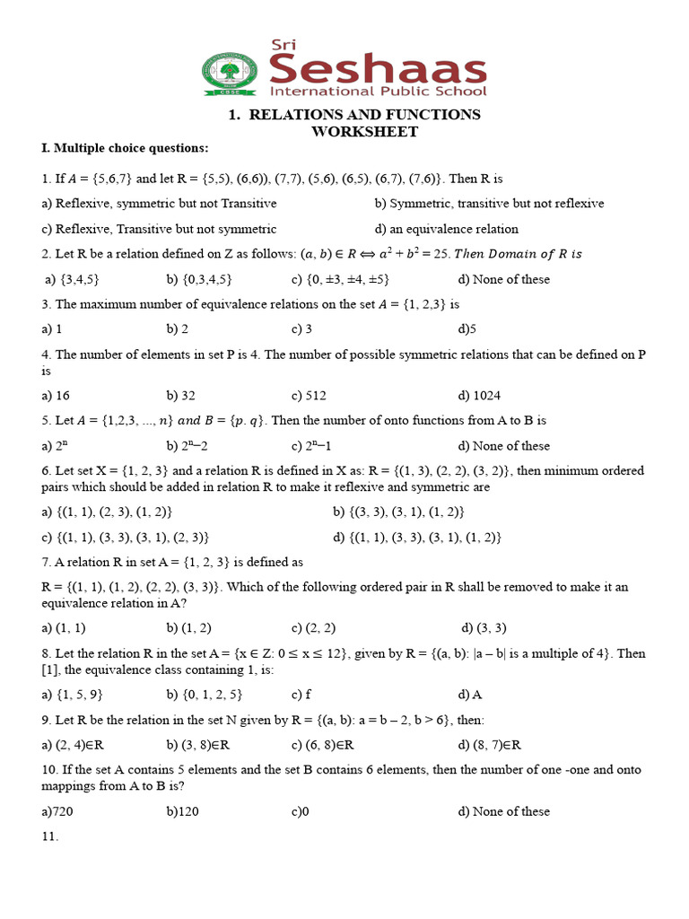 Relations and Functions Worksheet | PDF | Function (Mathematics ...