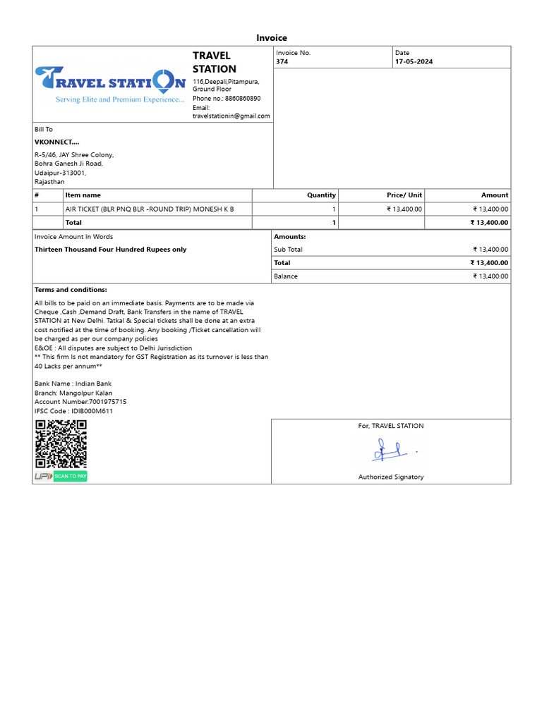 Invoice - 374 - Air Ticket (BLR PNQ BLR - Round Trip) Monesh K B | PDF ...