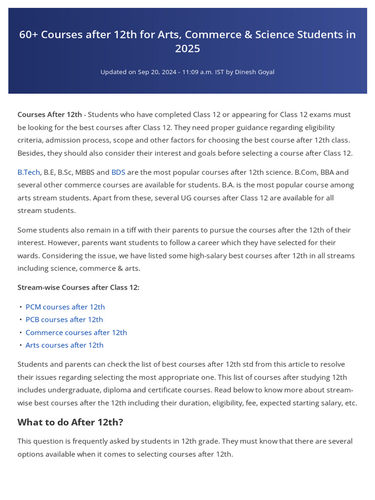 After 12th Career Options | PDF | University And College Admission | Qualifications