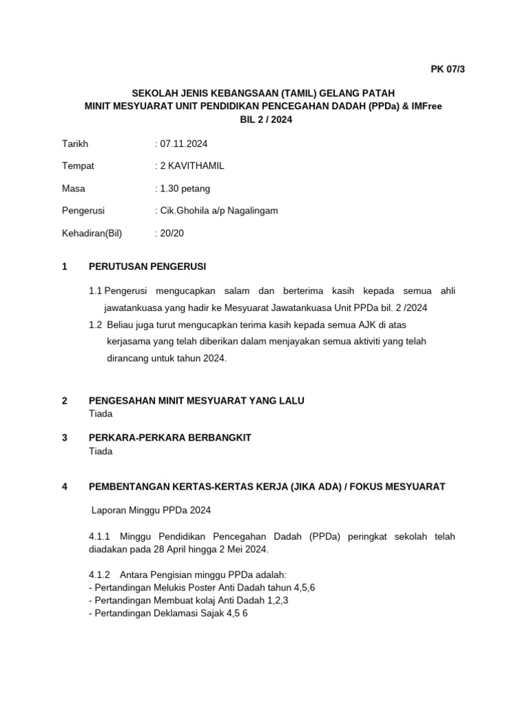 Minit Mesyuarat Unit Ppda 2 | PDF