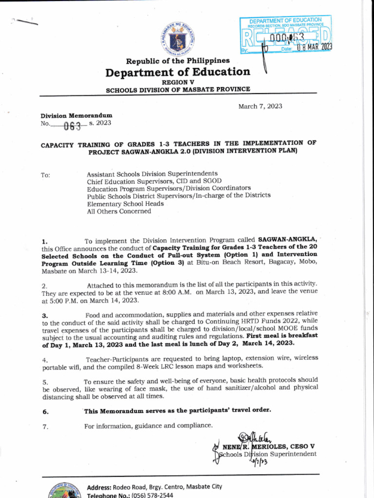 Div Memo 063 2023-SAGWAN-ANGKLA | PDF | Meal