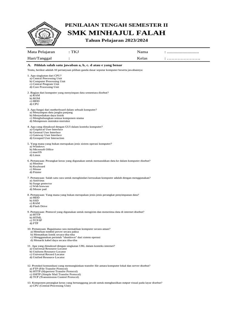 Soal TKJ Kelas 12 | PDF