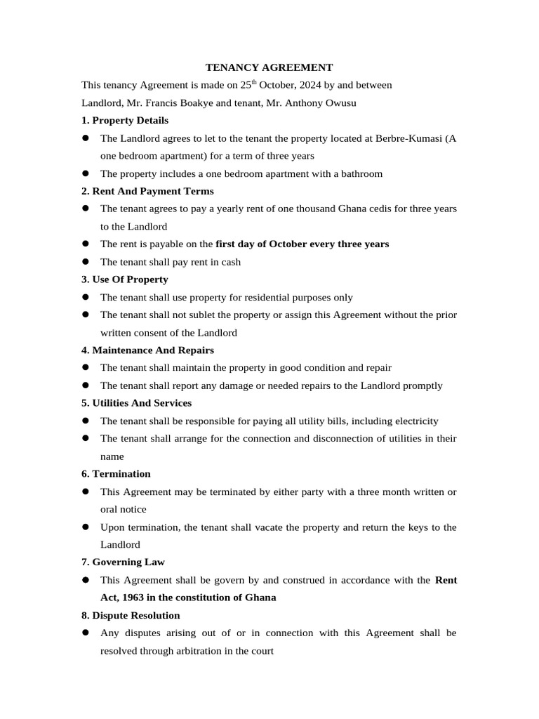 Tenancy Agreement for One Bedroom Apartment | PDF