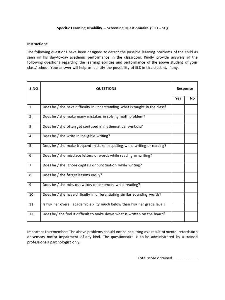 Specific Learning Disability - Screening Questionnaire (SLD - SQ) | PDF