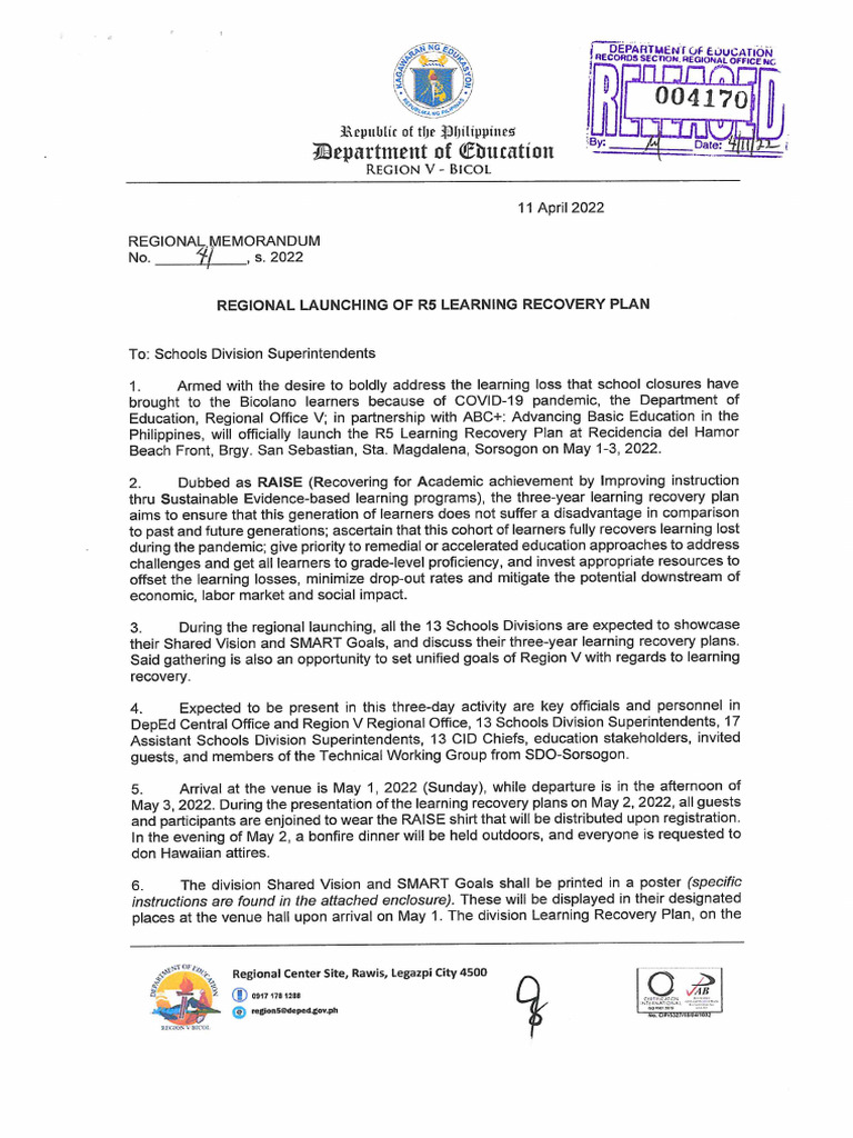 RM - 041s - 2022 - Regional Launching of R5 Learning Recovery Plan | PDF