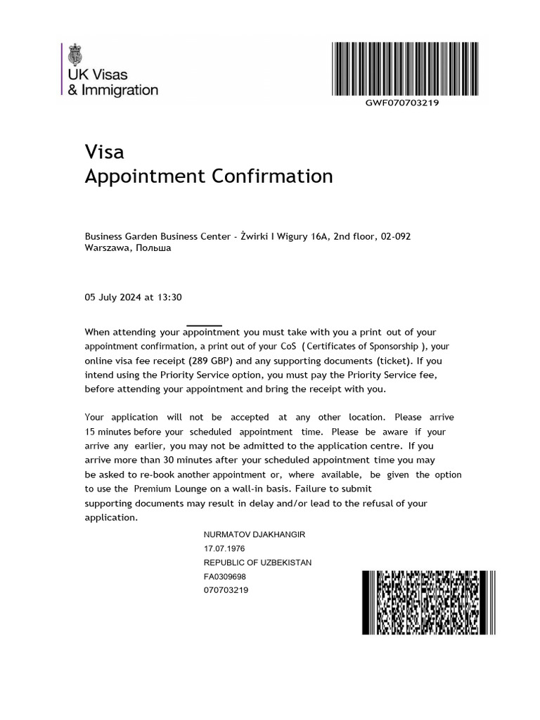 Visa Appointment Details | PDF