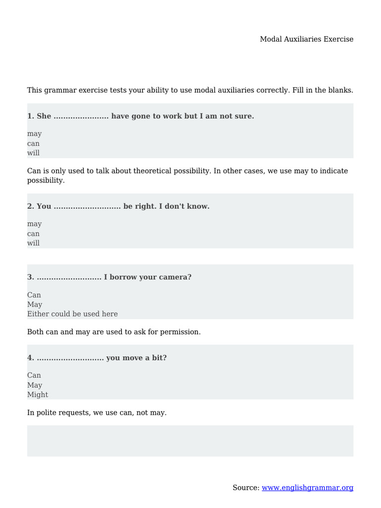 Modal Auxiliaries Exercise | PDF | Linguistics | Grammar