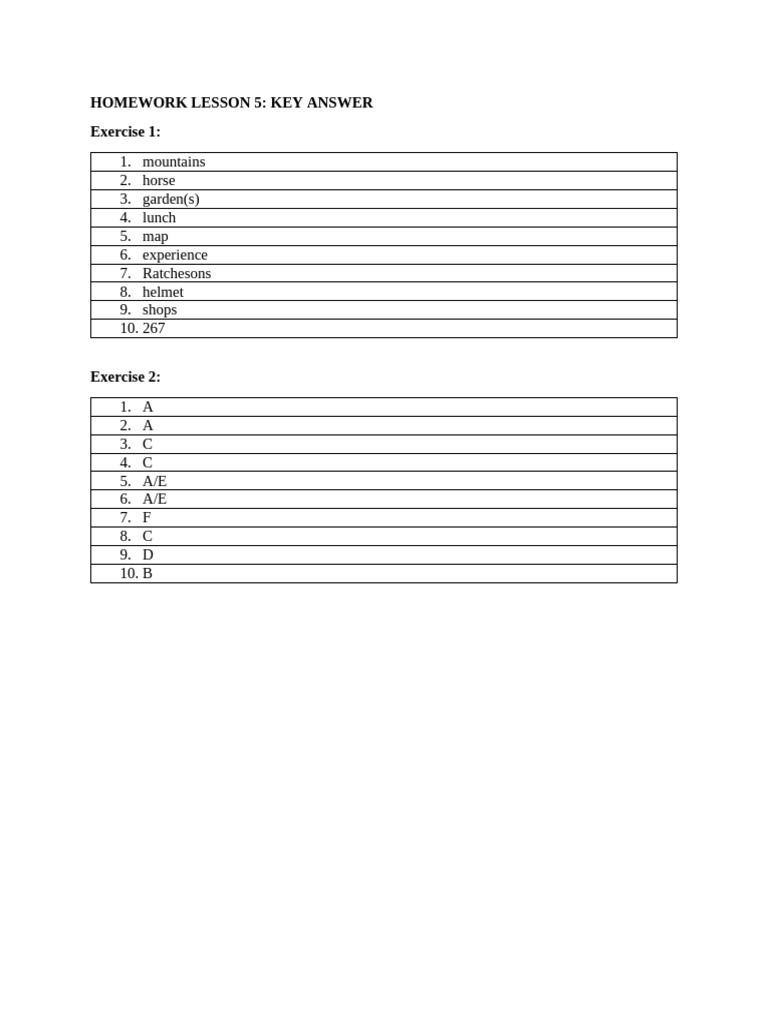 Lesson 5 - Homework Key Answers | PDF