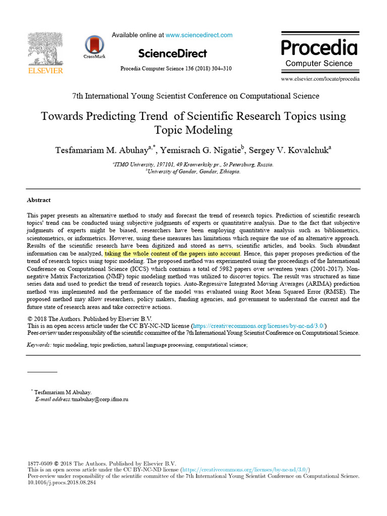 2018 - Towards Predicting Trend of Scientific Research Topics Using Topic Modeling | PDF | Time ...