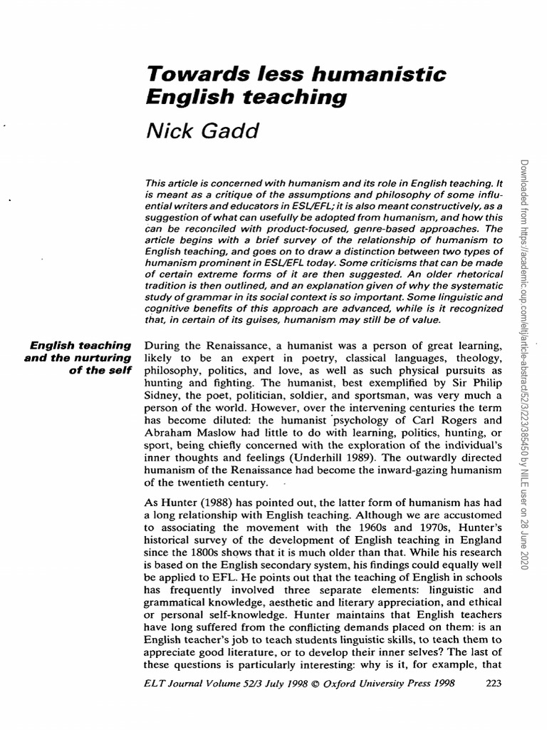 Toward less mumanistic. language teaching | PDF | Humanism | Teachers