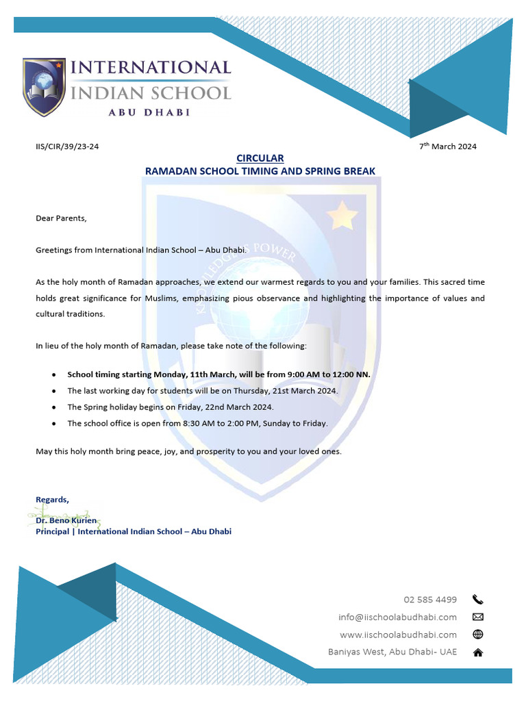 Cir 39 - Ramadan School Timing | PDF