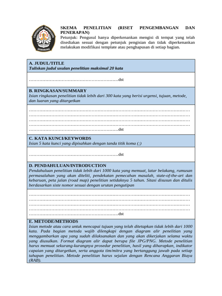 Format Penulisan Proposal RPP Penelitian Dana Selain APBN Undip 2024 | PDF