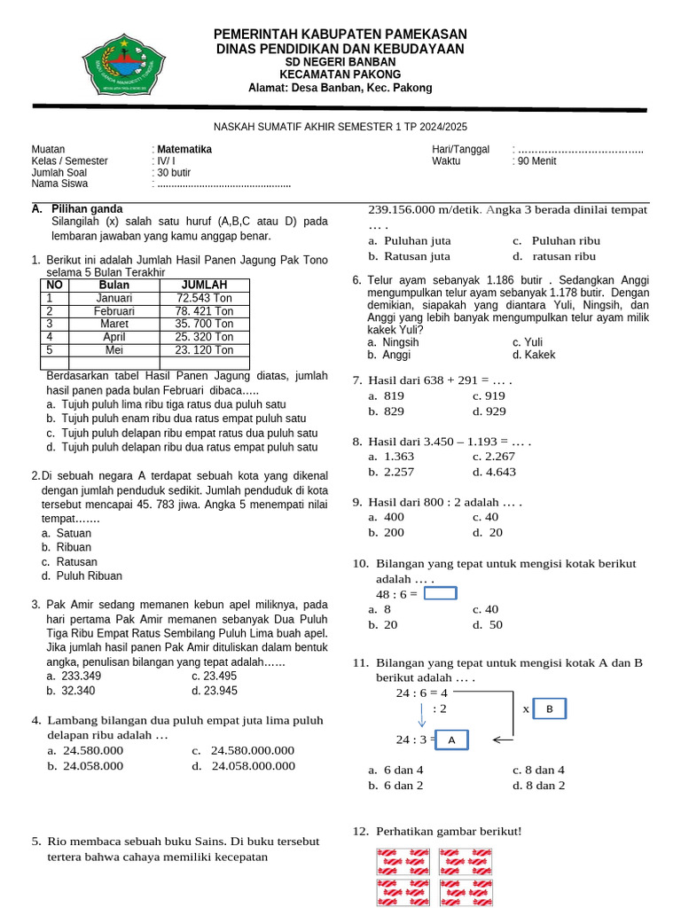 Soal Sas Matematika 1 | PDF