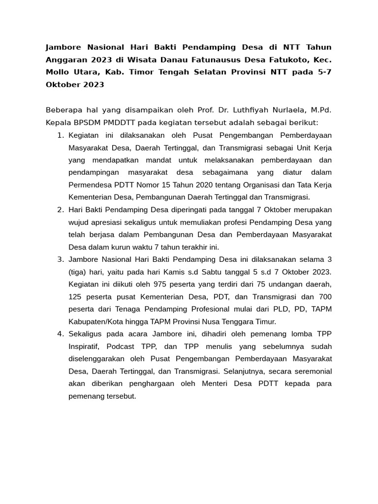 Lapdin Jambore Pendamping Desa di NTTT 05-07 Oktober 2023 | PDF