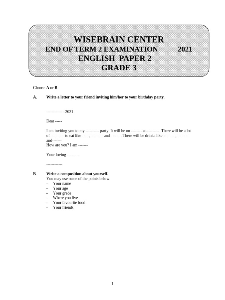 STD 3 English Paper 2 Mid Term 2018 | PDF