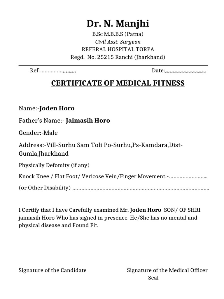 Medical Fitness Certificate for Joden Horo | PDF