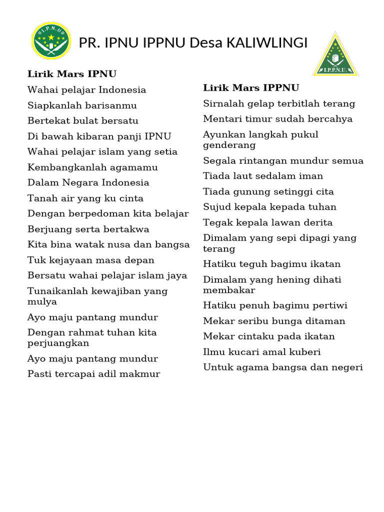 Lirik Mars IPNU dan IPPNU | PDF