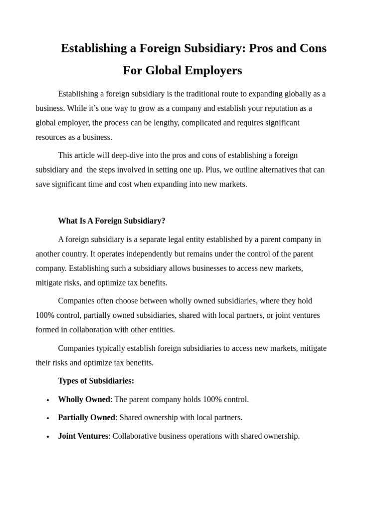 Pros and Cons of Foreign Subsidiaries | PDF | Employment | Business