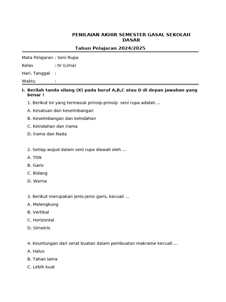 SOAL PAS SENI RUPA KLS 5 SMT 1 | PDF