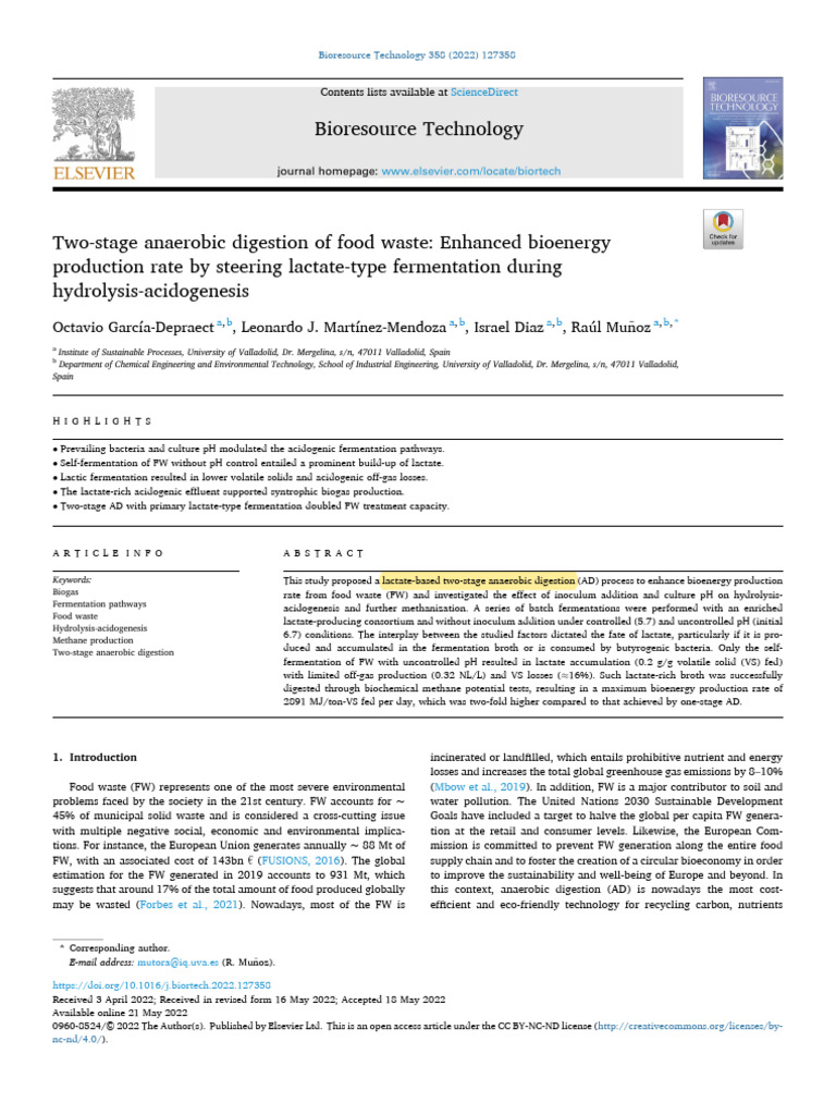 Two-Stage Anaerobic Digestion of Food Waste: Enhanced Bioenergy ...