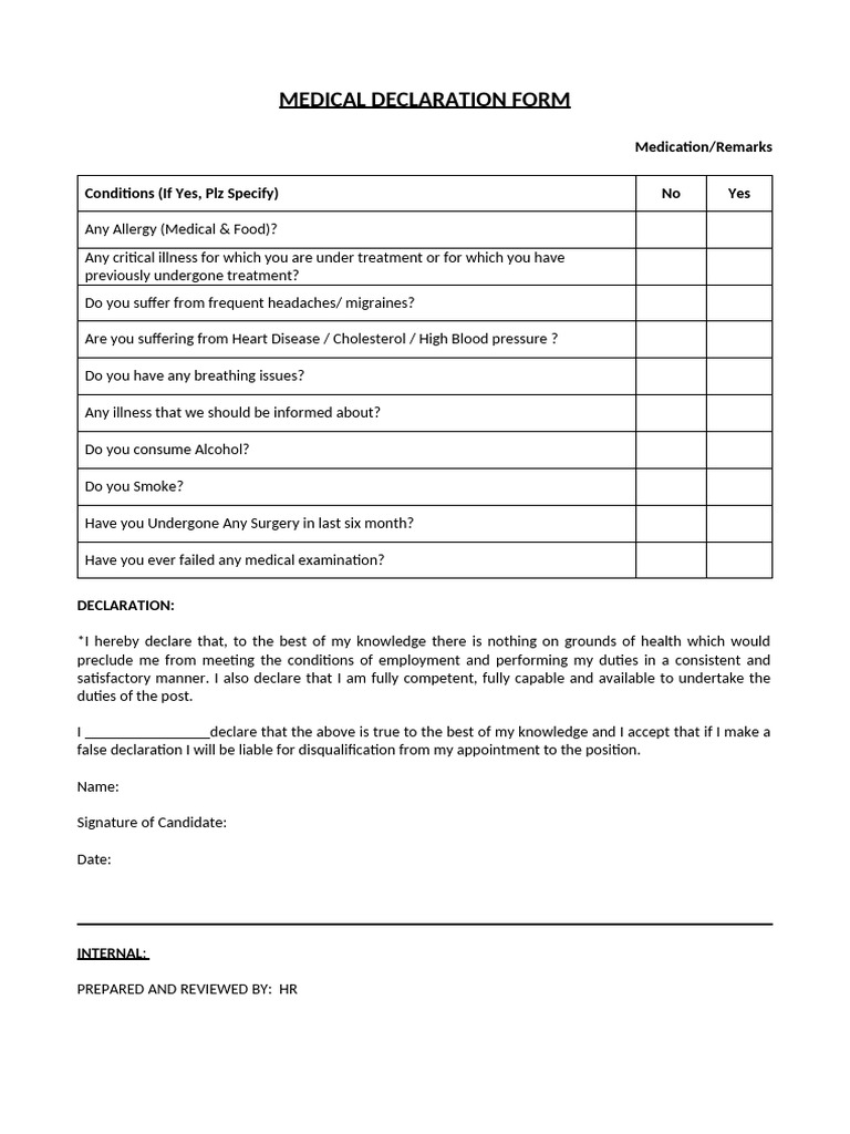 Medical Declaration Form Template | PDF