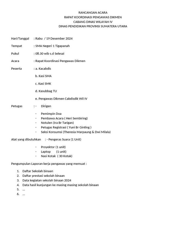 Rancangan Acara Rakor Pengawas | PDF