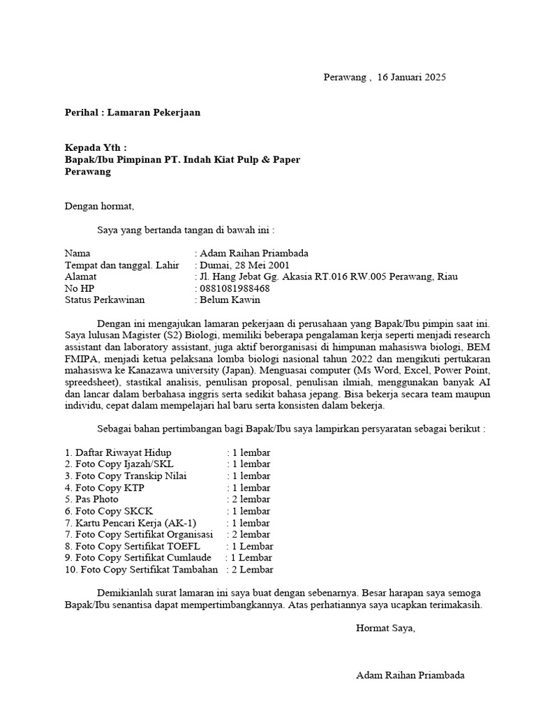 Surat Lamaran PT. Indah Kiat Adam | PDF