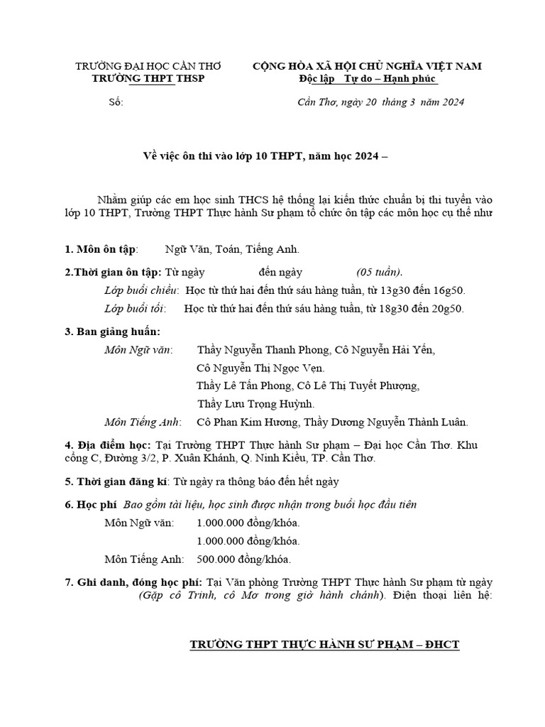 29-Thông Báo T CH C L P Ôn Thi Vào L P 10, Năm 2024-2025 | PDF