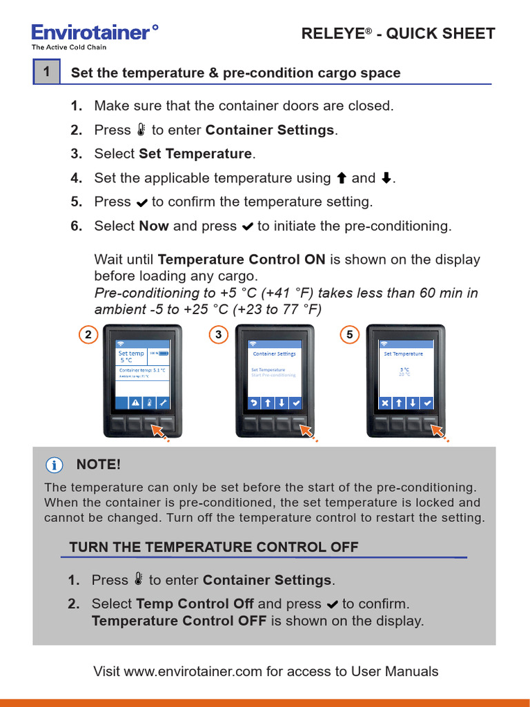 Envirotainer Releyer - User Manual Quick Sheet | PDF
