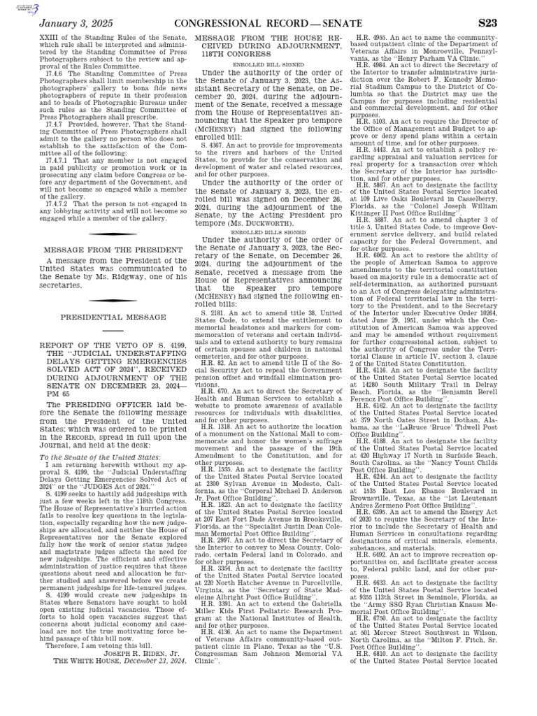 Senate Veto of JUDGES Act 2024 | PDF | United States House Of ...