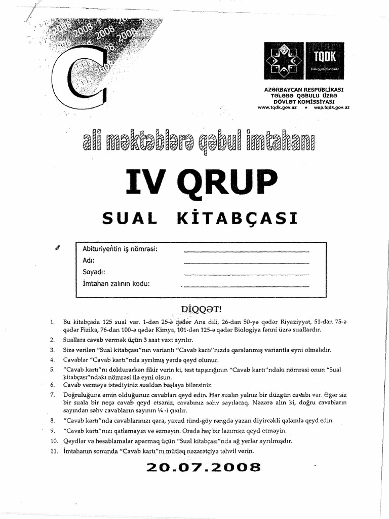 Kimya IV Qrup Bütün Qəbullar (2008-2022) | PDF