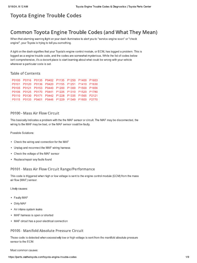 Toyota Engine Trouble Codes | PDF
