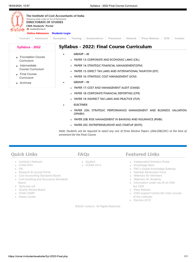 CMA Final Syllabus 2022 Overview | PDF | Government Finances | Taxes