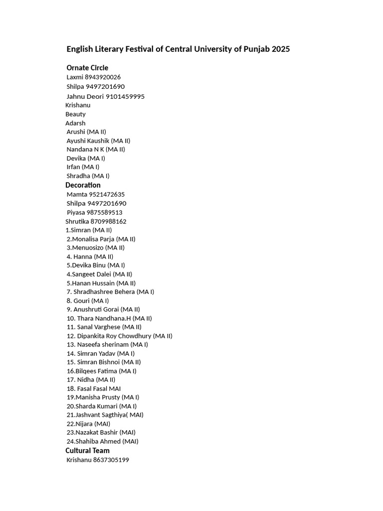 Various Teams - English Literary Festival | PDF
