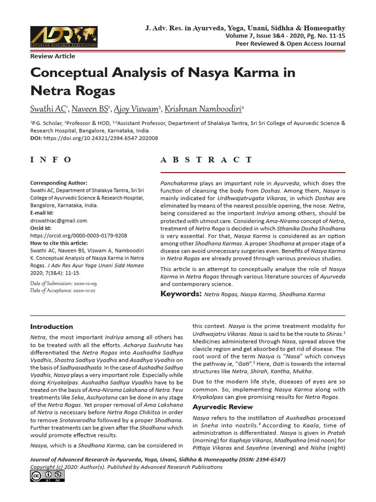 Conceptual Analysis of Nasya Karma in Netra Rogas | PDF | Ayurveda