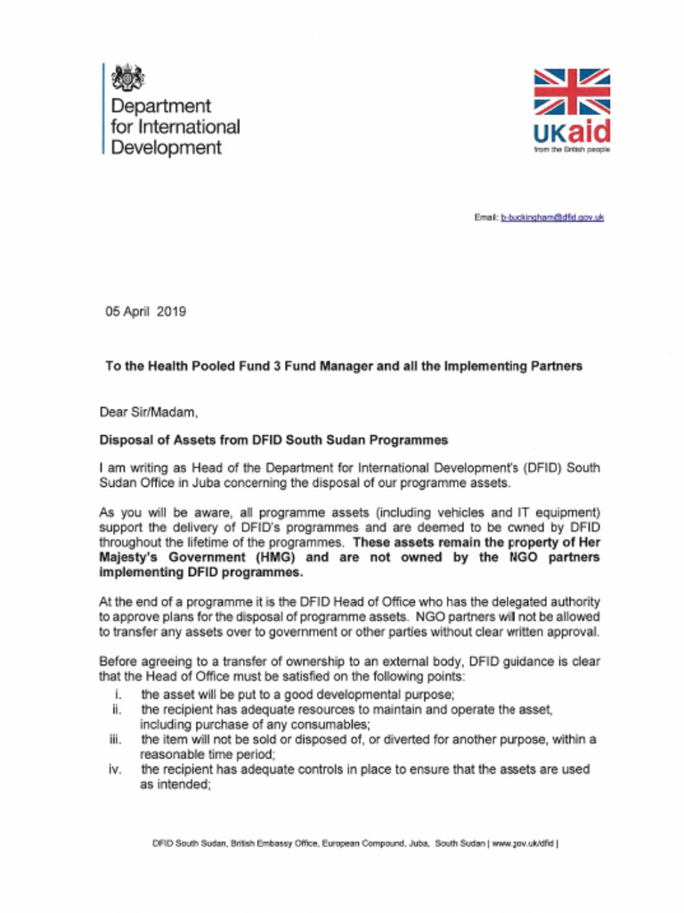 DFID Letter For Disposal of Assets | PDF