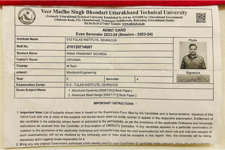 MTech Exam Admit Card | PDF