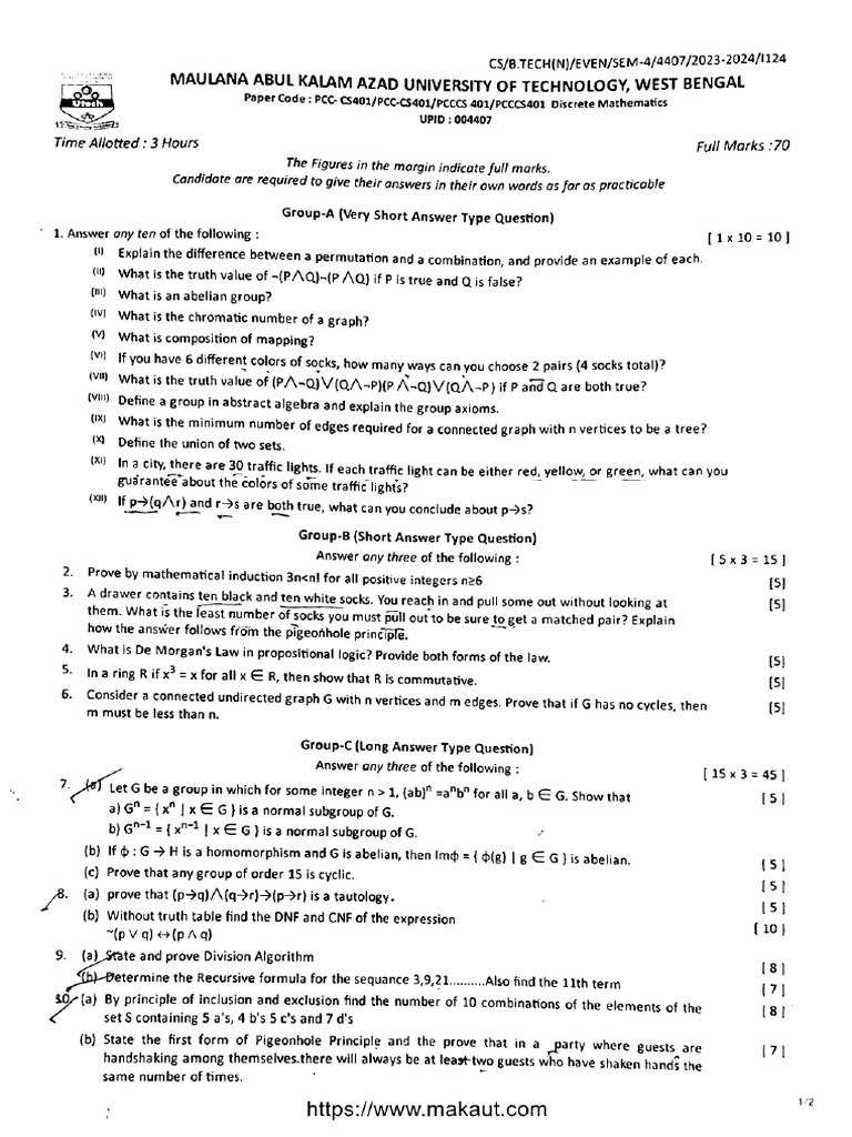 Btech PCC Cs 4 Sem Discrete Mathematics PCC Cs401 2024 | PDF